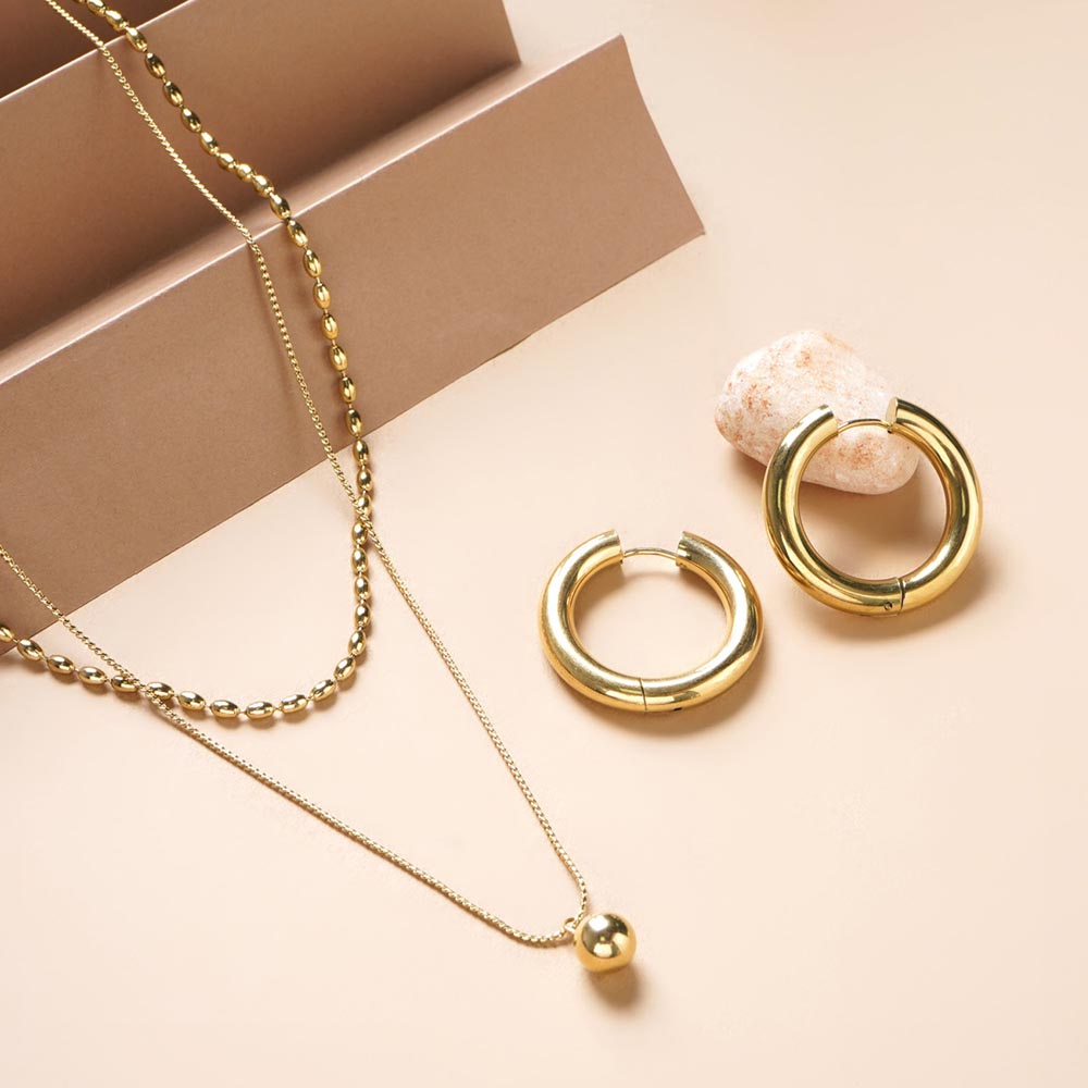 Two-Layered Bead Necklace & Classic Round Hoop Earrings Combo Set ...