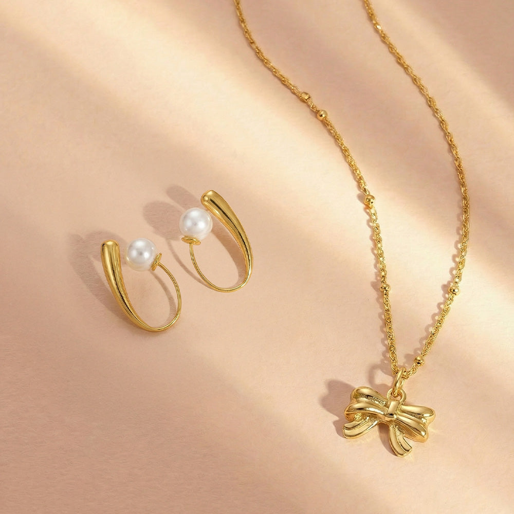 Bow & Curve Pearl Jewellery Set – PALMONAS